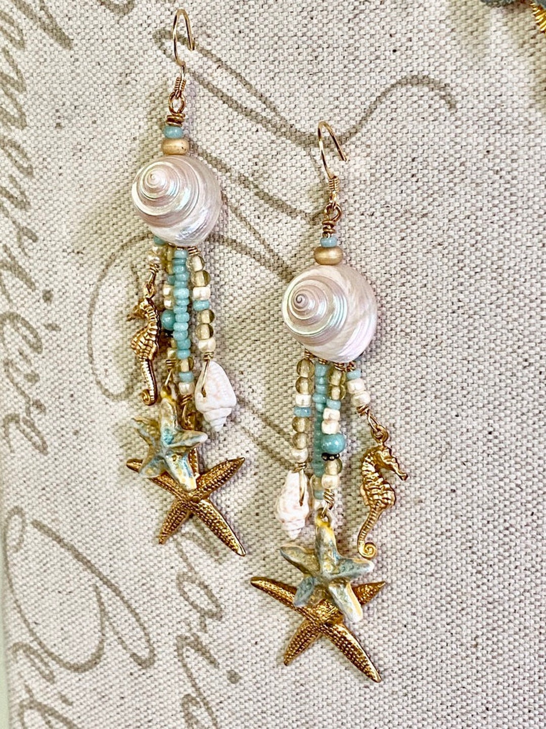 Seashell Dangle Earring W/ Fishhook Ear Wire Top, Drop Earrings, Women ...