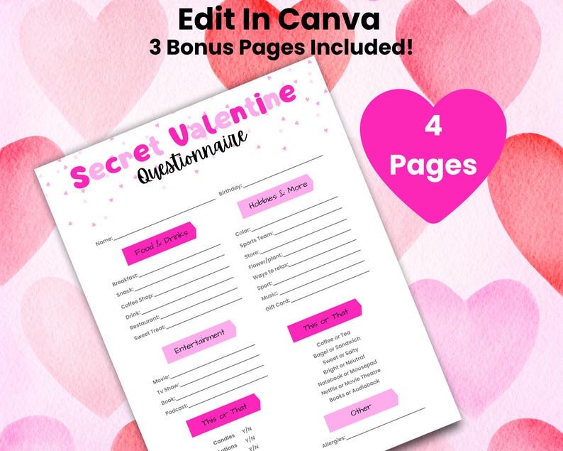 Editable Secret Valentine Questionnaire, Teacher Gift Exchange Form ...