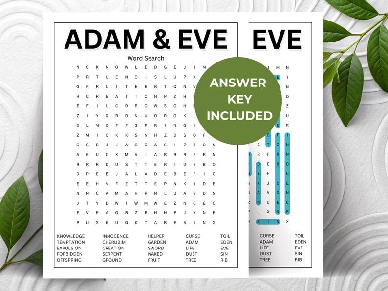Adam & Eve Word Search Puzzle, Old Testament, Biblical Game, Religious ...