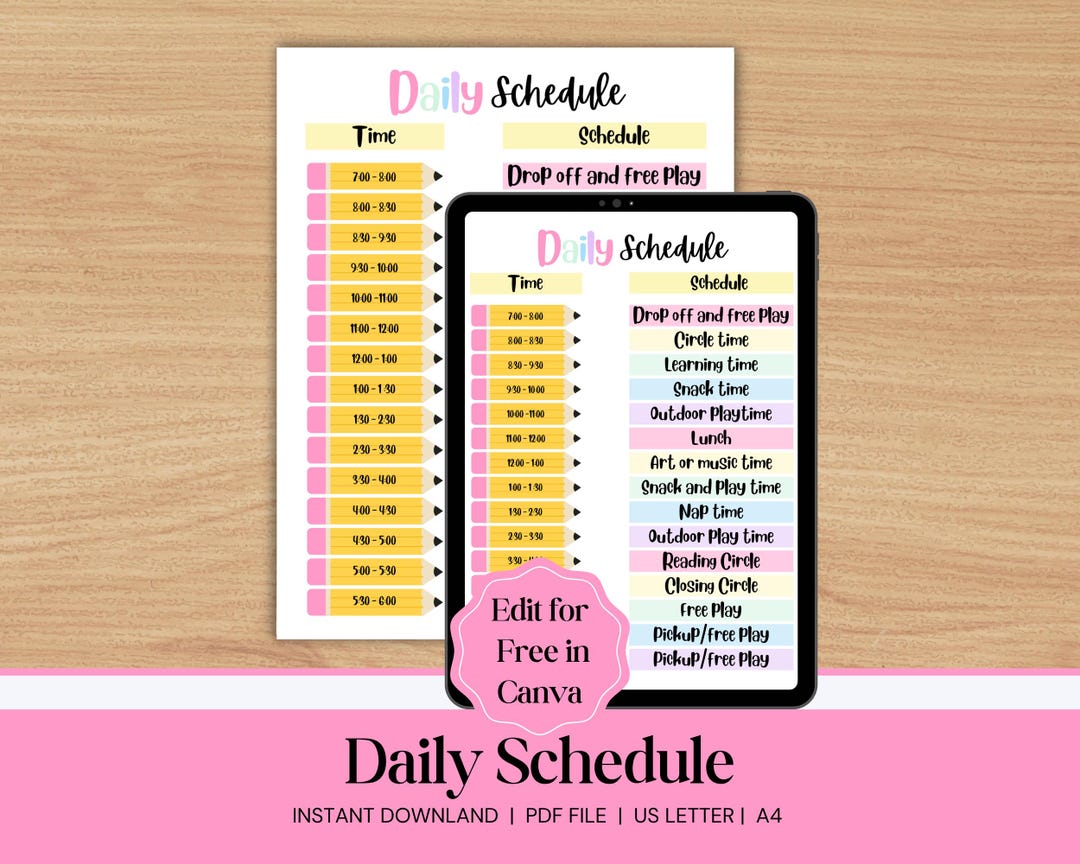 Editable Pastel Daily Daycare Schedule, Daycare Forms, Daily Routine ...