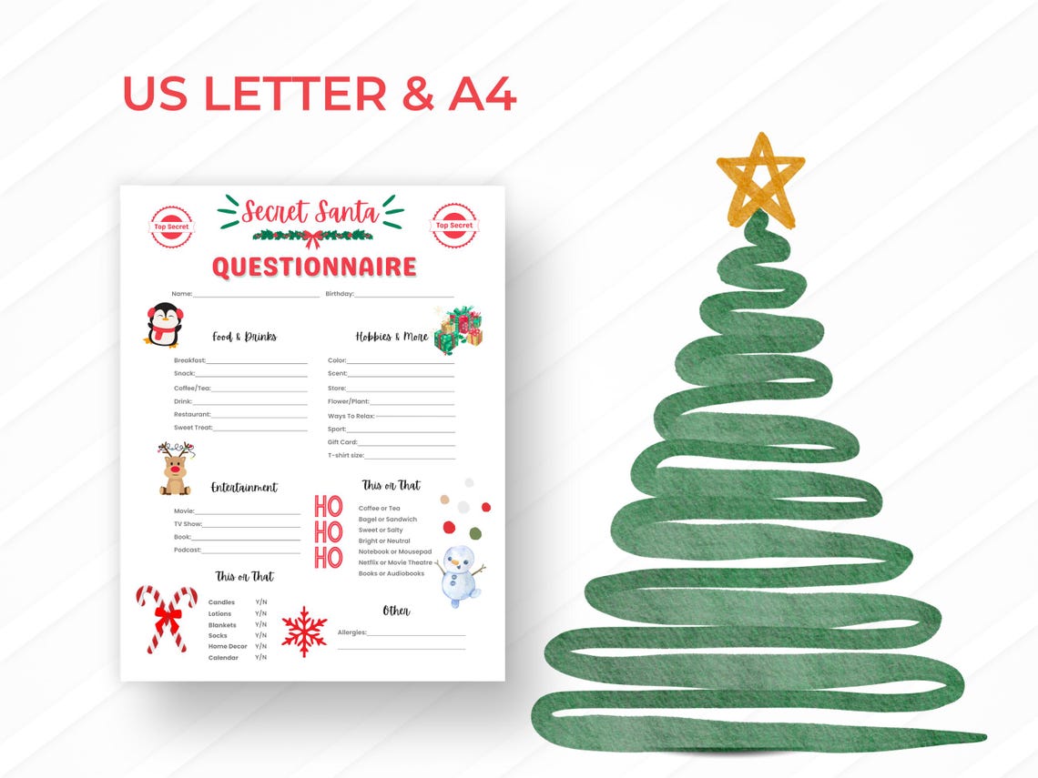 Editable Secret Santa Questionnaire Printable for Coworkers, Student ...