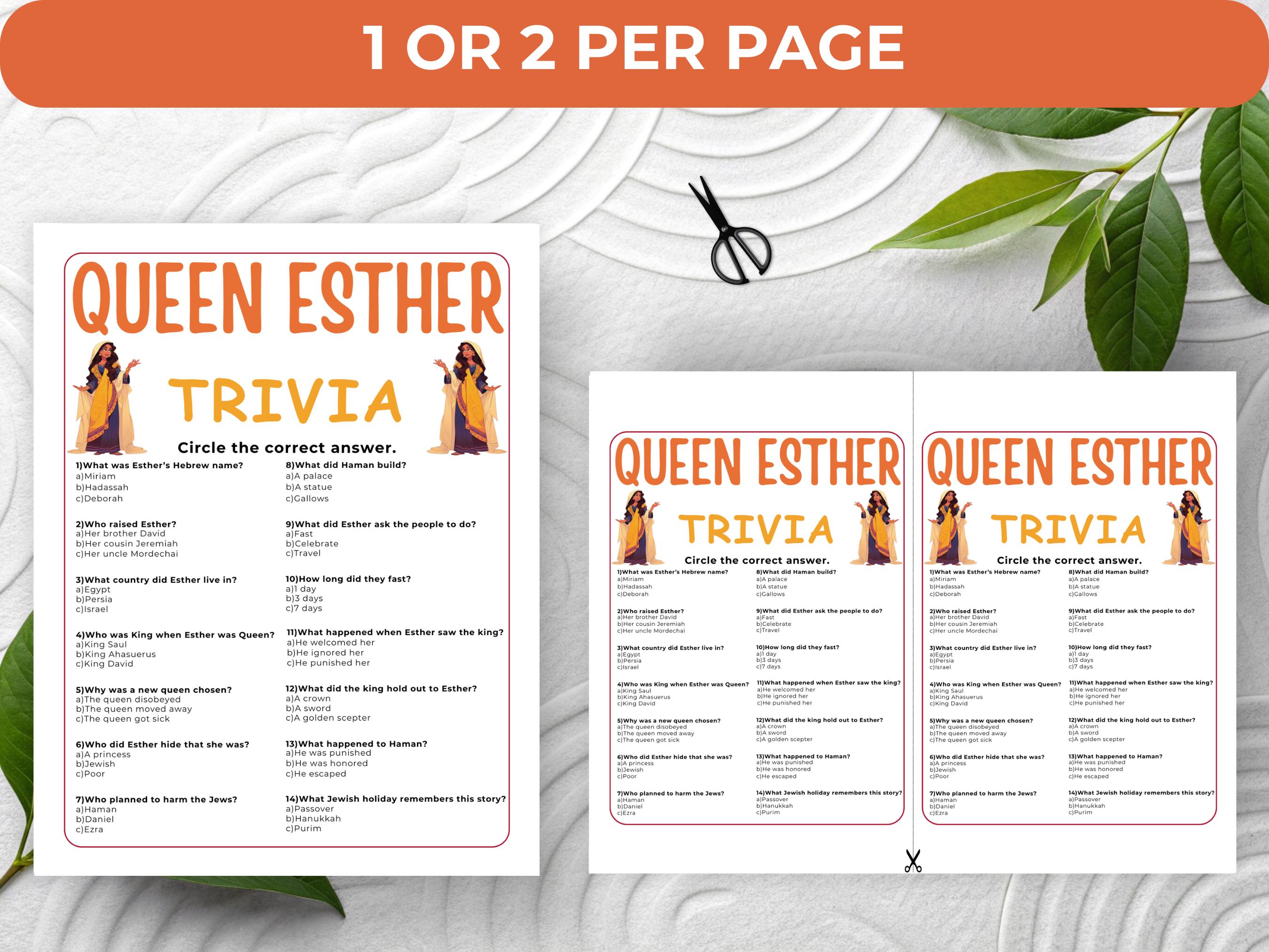 Queen Esther Trivia Game for Kids, Purim, Old Testament Worksheet ...