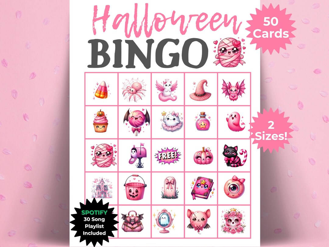 Pink Halloween Printable Bingo Cards for Kids, Office Party Games ...