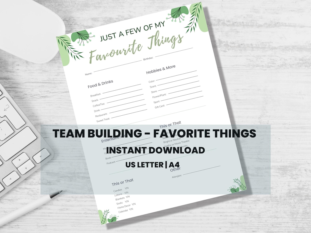 Team Building Get to Know Me Questionnaire Printable, Favorite Things ...
