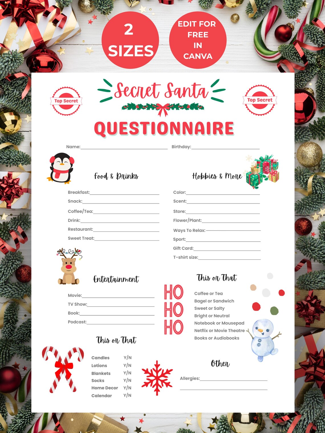 Editable Secret Santa Questionnaire Printable for Coworkers, Student ...