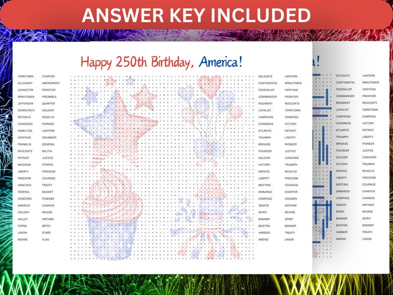 250th Anniversary Word Search Poster Printable, 250 USA America, 4th of ...