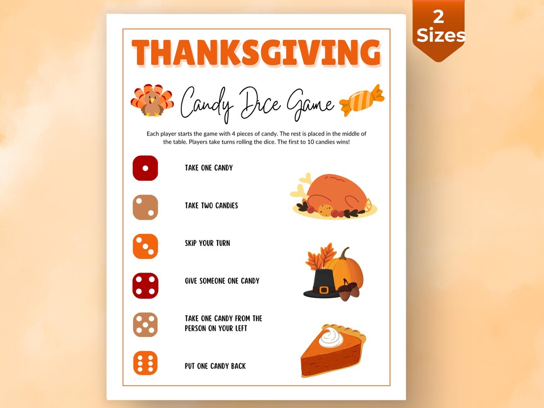 Thanksgiving Candy Dice Game Printable, Games for Seniors, Classroom ...