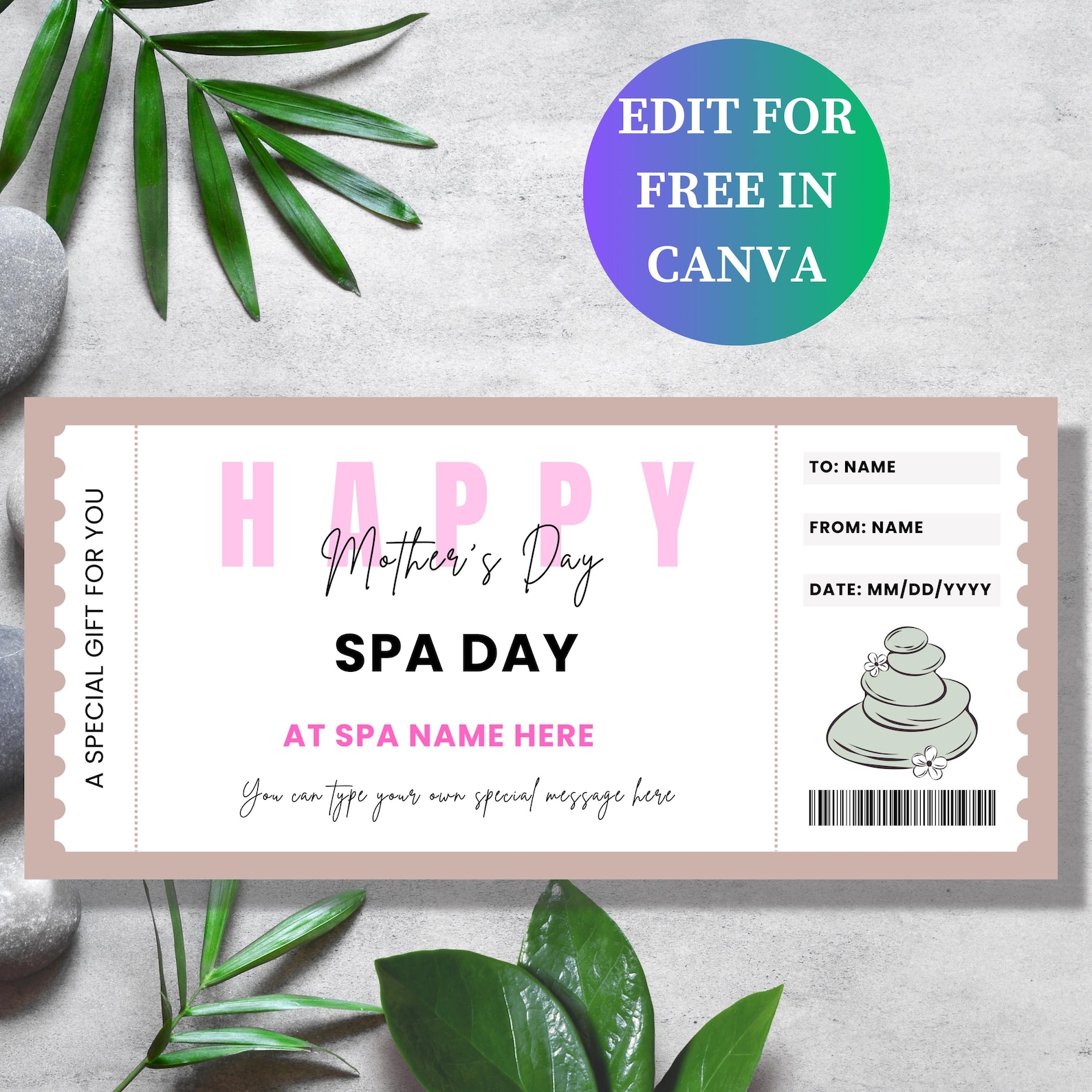 Editable Mother's Day Spa Day Voucher, Spa Day Ticket, Spa Day ...
