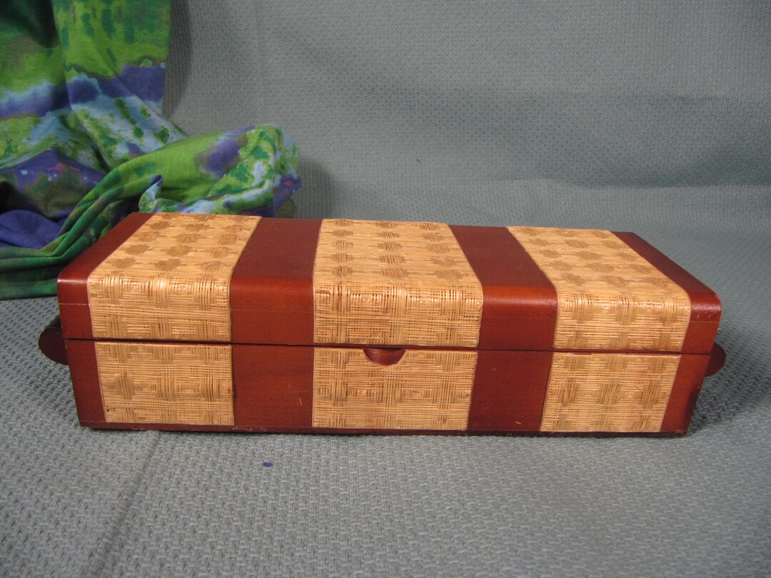 WOOD BOX With BAMBOO Overlay, Wood and Wicker Antique Small Box,bamboo ...