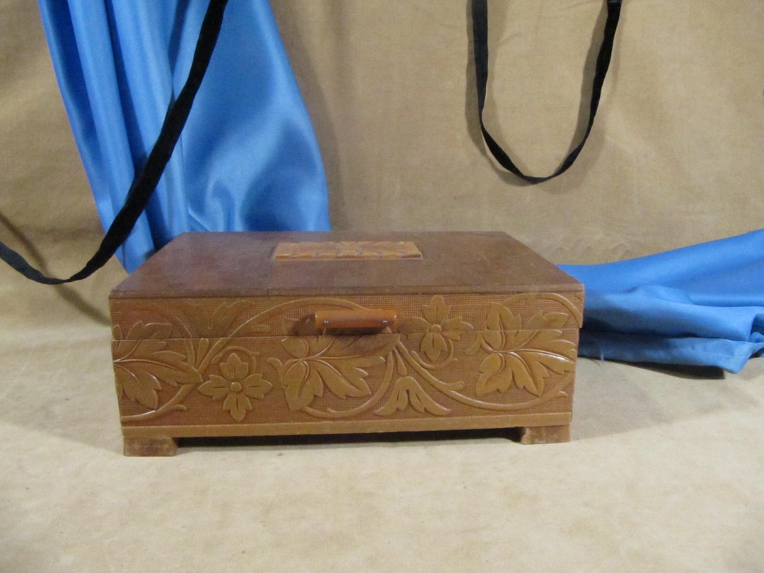 ANTIQUE DECORATIVE WOOD Box, Jewelry Box With Mirror Blue Velvet Lining ...