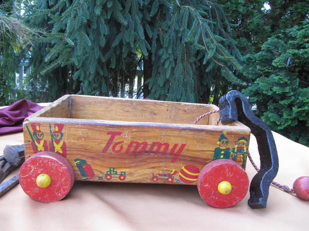 FOLK ART TOY Wagon, Small Antique Wooden Wagon Tommy, Hand Painted Folk ...