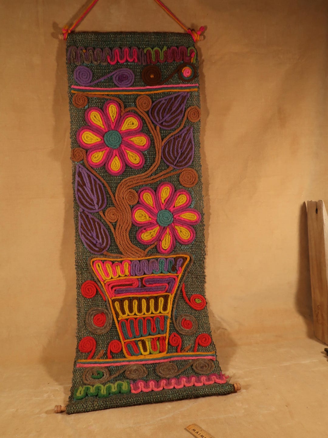 VINTAGE MEXICAN YARN Art, Large Floral Huichol Yarn Art Banner, Large ...