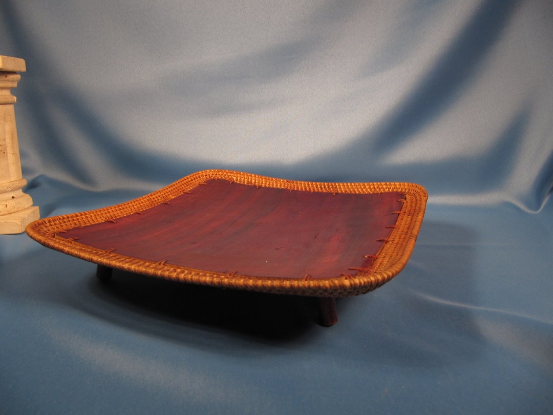WOOD and WICKER CURVED Dish Made in Indonesia, Mahogany Like Wood Dish ...