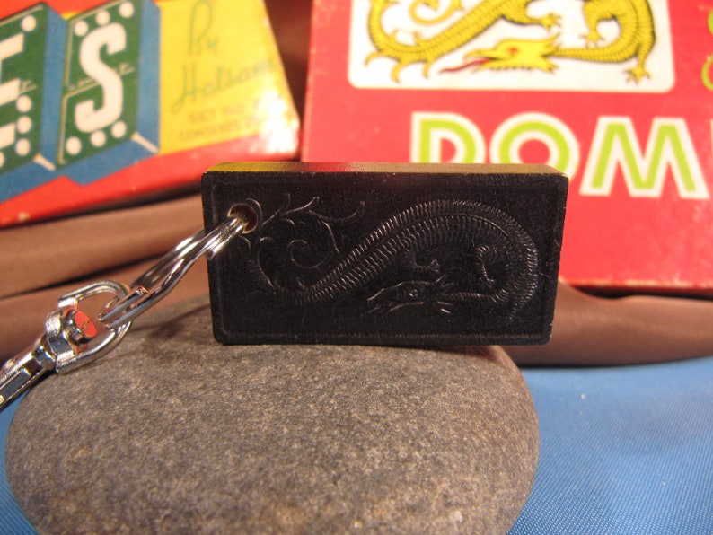 KEYCHAIN With DRAGON Domino Tile by HALSAM, Antique Wood Domino Tile ...