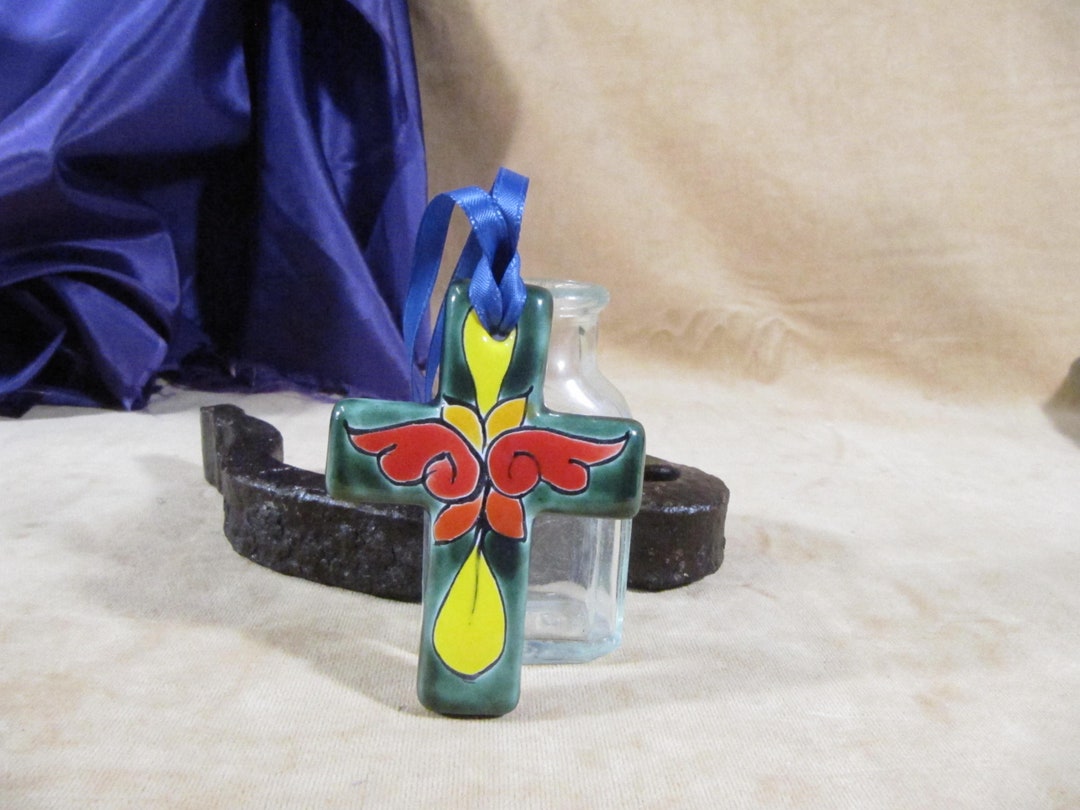 3.5 Tall Mexican Folk Art Clay Crucifix With Straw Yellow and Red Angel ...