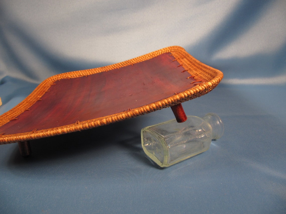 WOOD and WICKER CURVED Dish Made in Indonesia Mahogany Like | Etsy