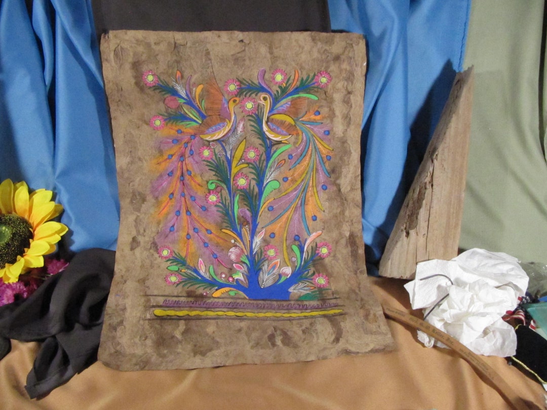 Vintage Amate Mexican Folk Art Painting, Neon Colors With Peacocks ...