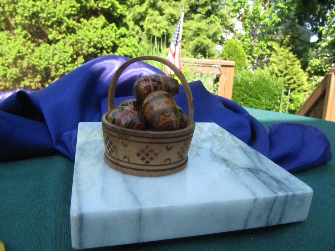 Vintage Easter Basket With Wooden Eggs, Carved Romanian Folk Art Wood ...