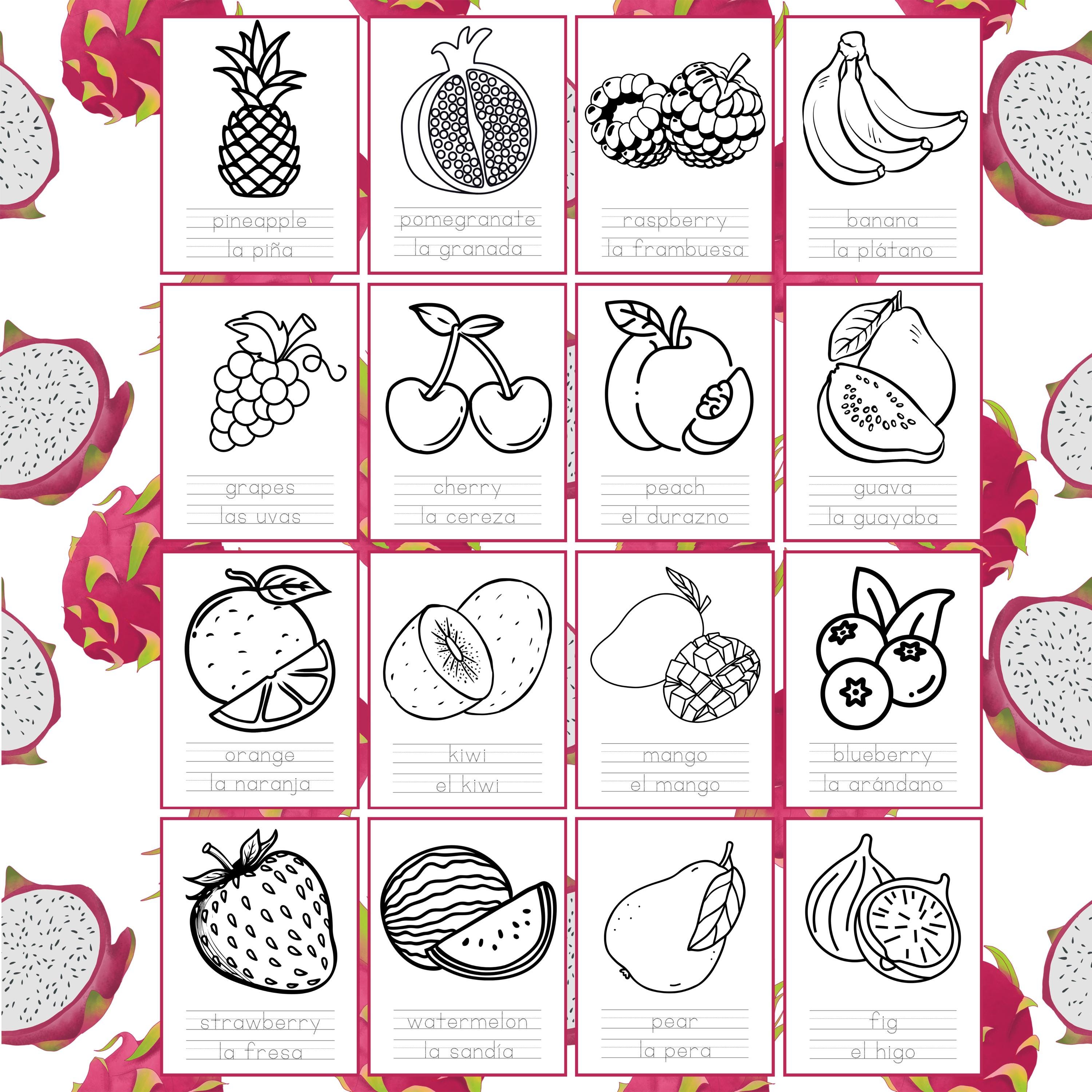 Preschool Printable Trace & Color Worksheets: Fruits, Bilingual English ...