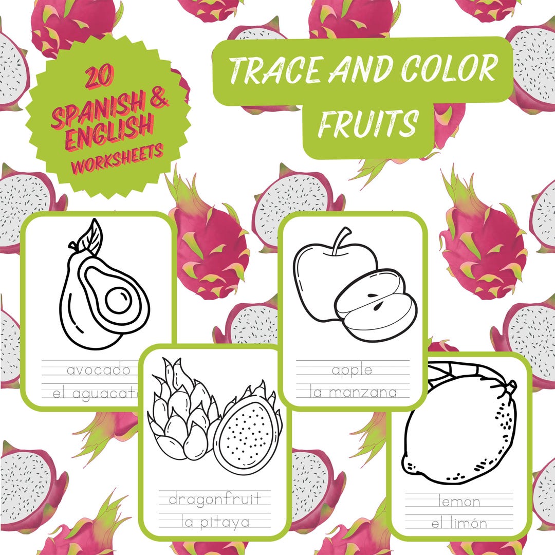 Preschool Printable Trace & Color Worksheets: Fruits, Bilingual English ...