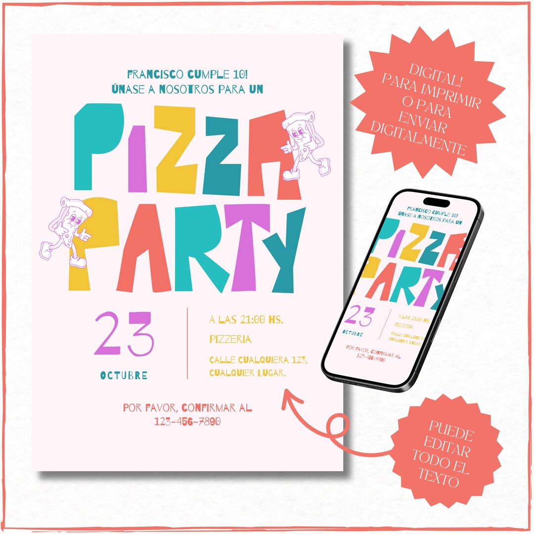 Spanish Birthday Party Invitation, Pizza Party Invitation, Kids ...