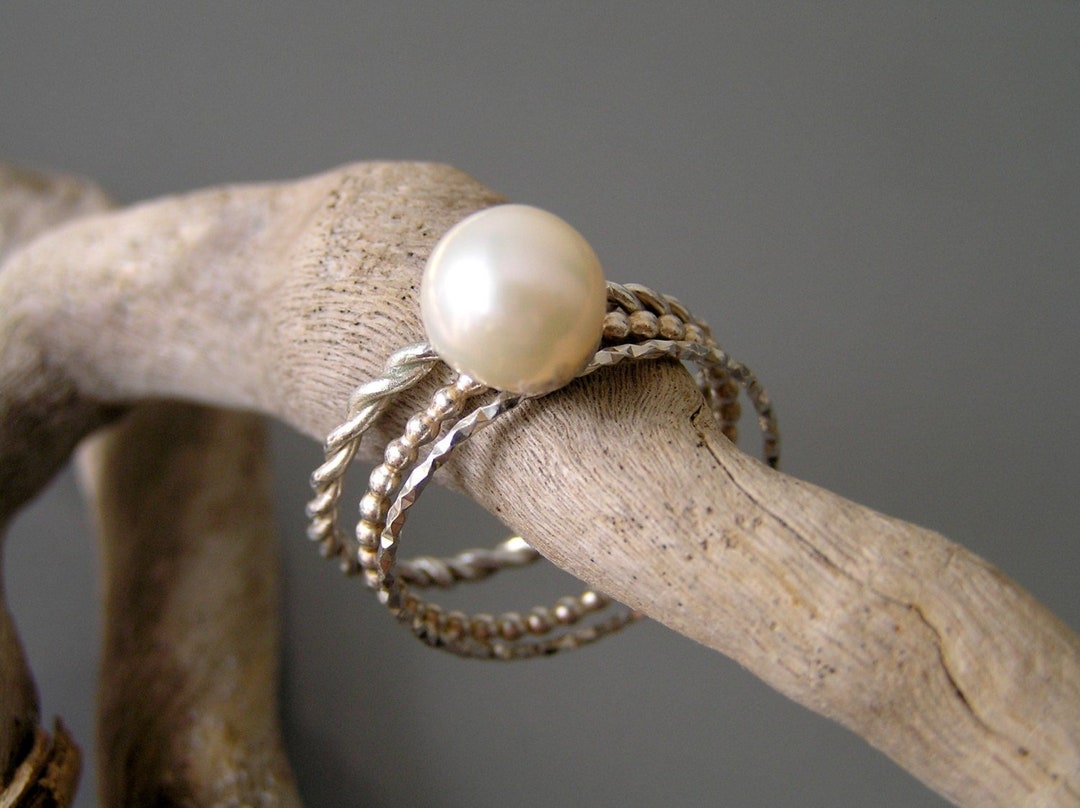 Pearl Sterling Silver Stacking Rings. White Freshwater Pearl Stack Ring ...