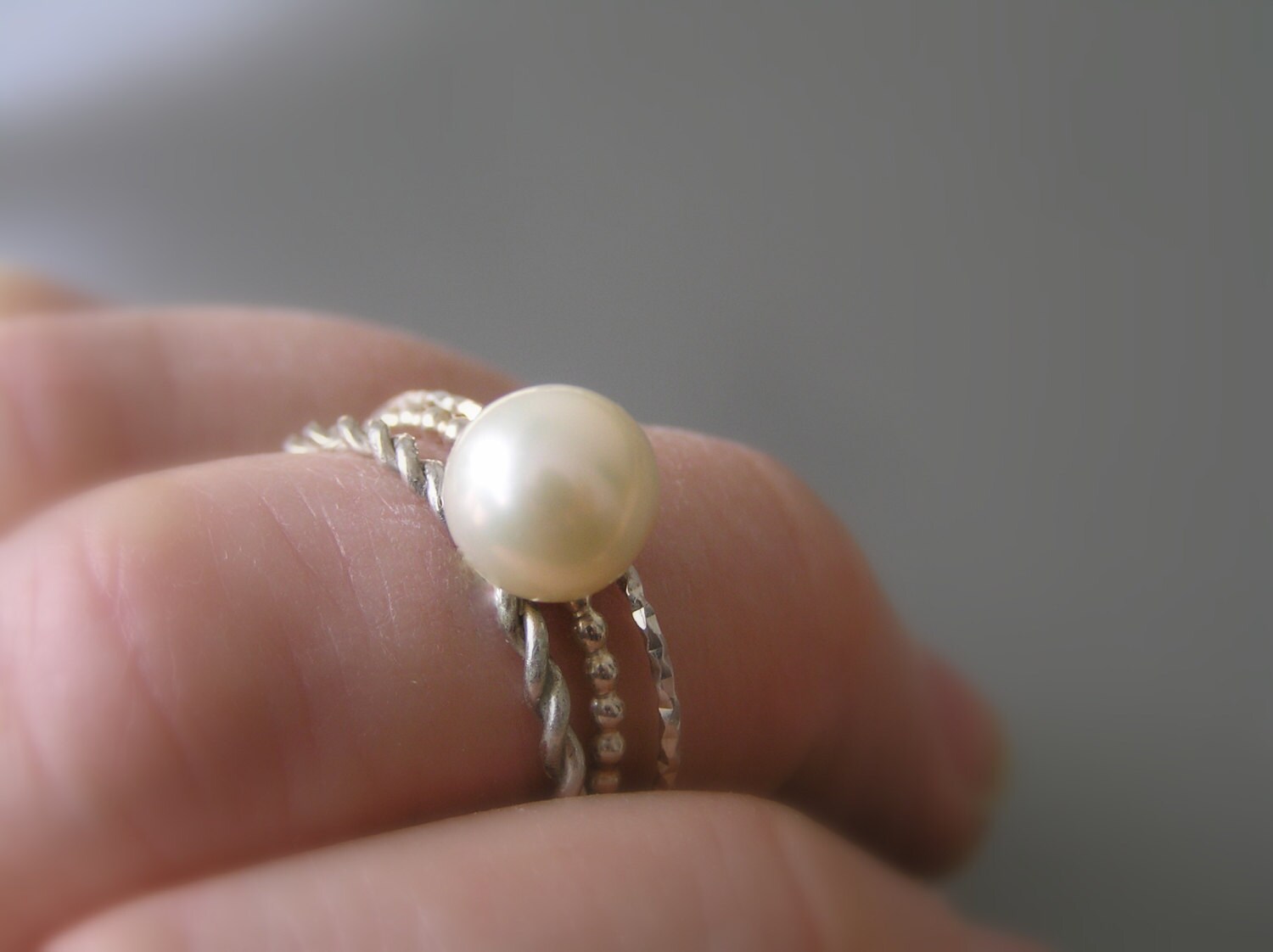 Pearl sterling silver stacking rings. White freshwater pearl | Etsy