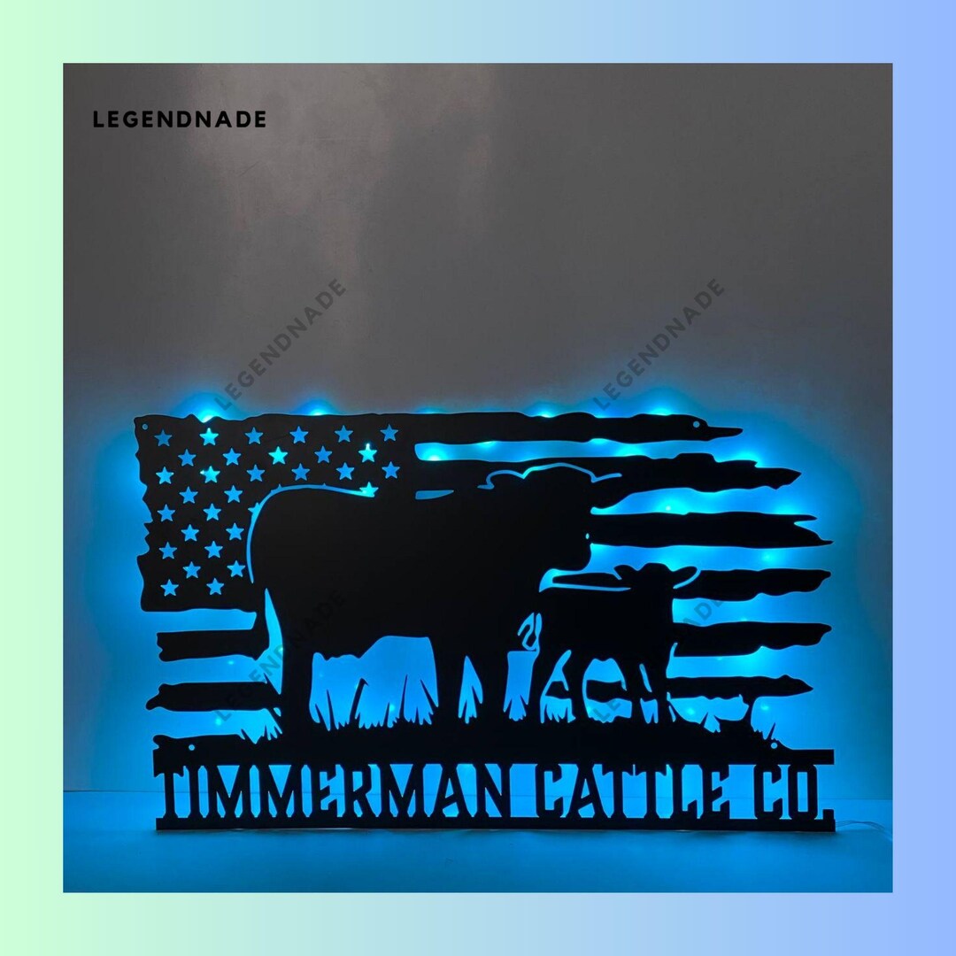 Personalized US Flag Cow Metal Sign, USA Flag Cow Farm Metal Light, Cow ...