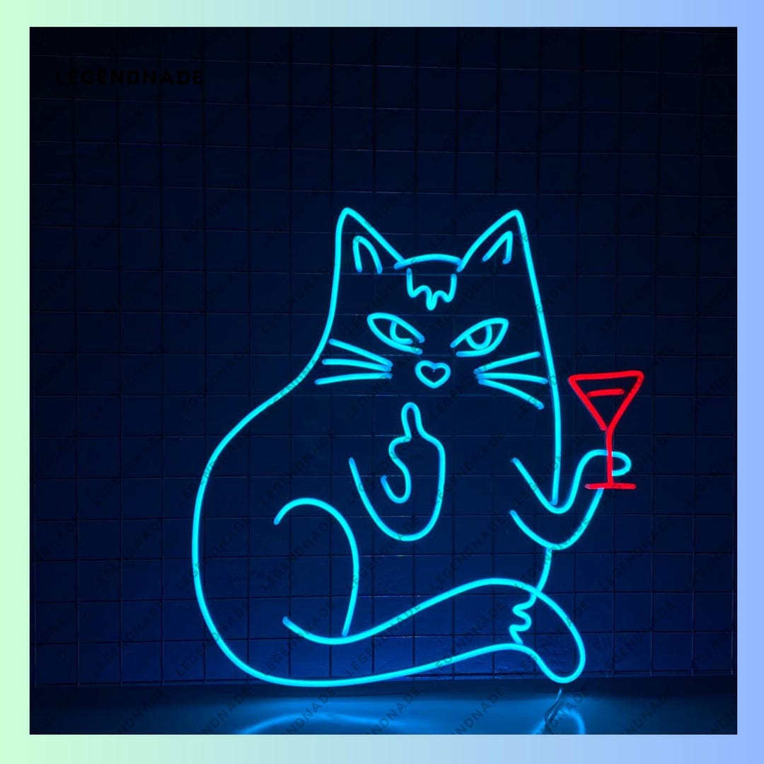 Cat Drinking Cocktail Neon Sign, Funny Cat Led Sign, Cat Cocktails Led ...
