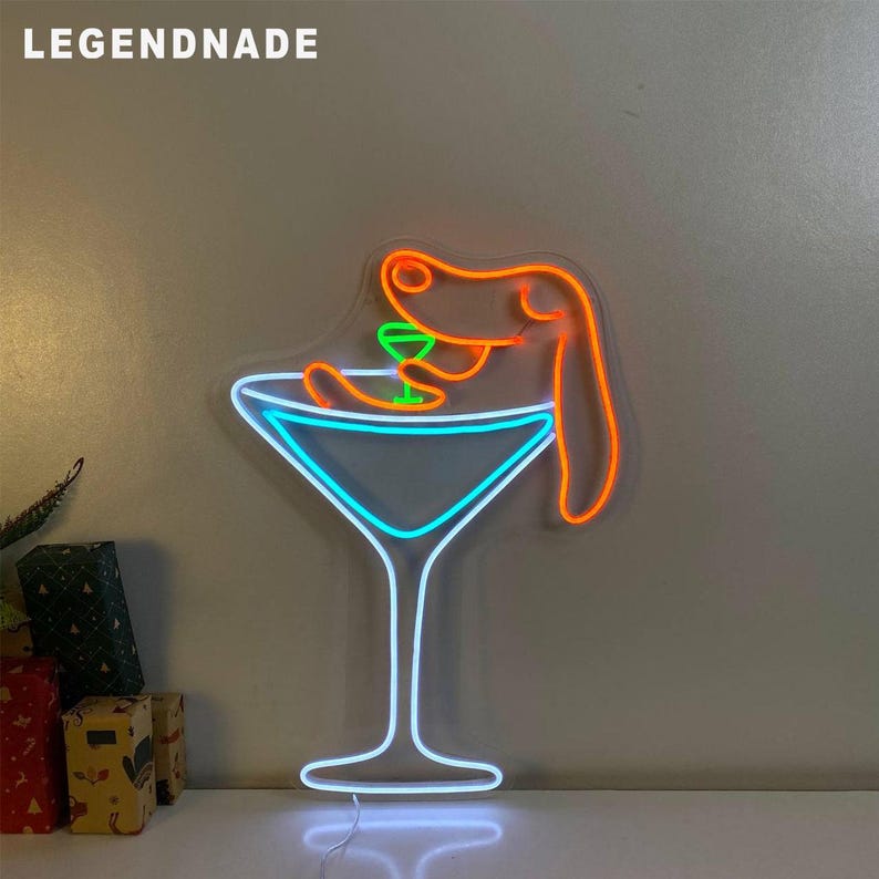 Martini Neon Sign With Dachshund , Bar Wall Decor LED Neon Light ...