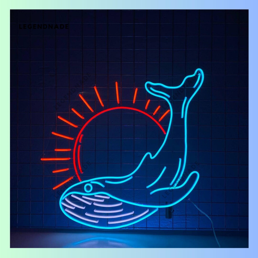 Whale With Sun Neon Sign, Whale Sunset Led Sign, Whale Led Light, Whale ...