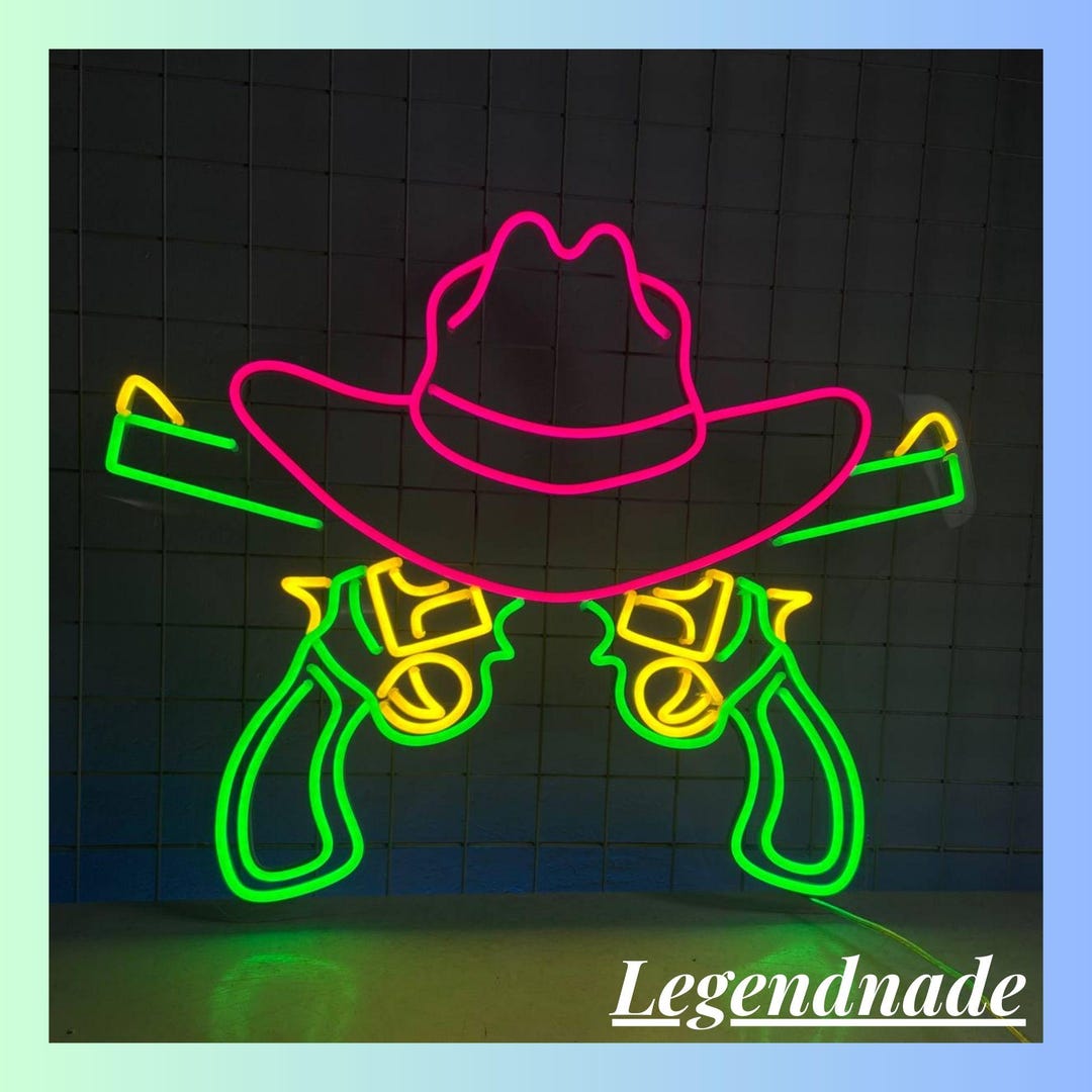 Cowboy Hat With Gun Neon Sign, Cowboy Led Sign, Shooting Led Light ...