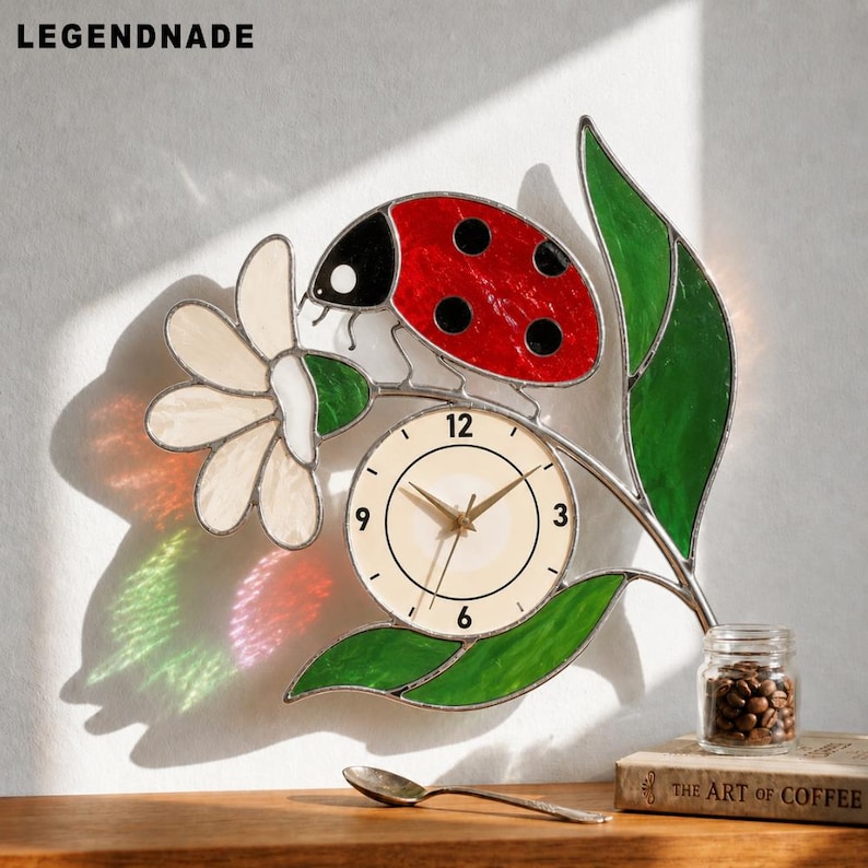 Ladybug Stained Glass Wall Clock, Daisy Flower Decor, Insect Beetle ...