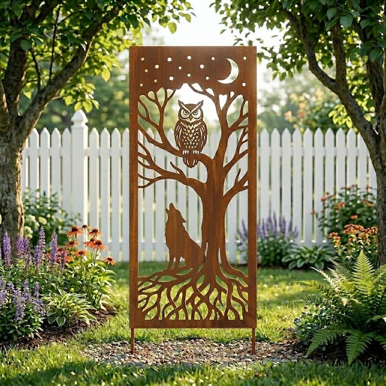 Custom Owl and Wolf Metal Garden Panel, Nocturnal Forest Backyard Decor ...