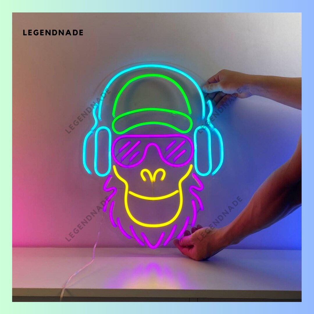 Monkey With Headphone Neon Sign, Monkey Led Sign, Monkey Head Led Light ...