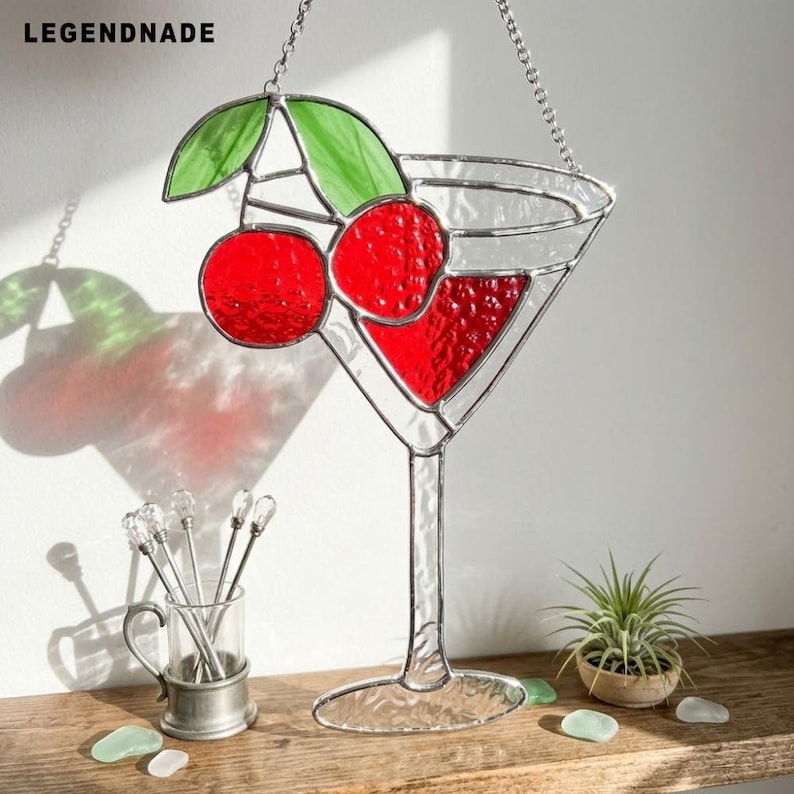 Cocktail Martini Stained Glass Panel, Cherry Drink Suncatcher, Home Bar ...