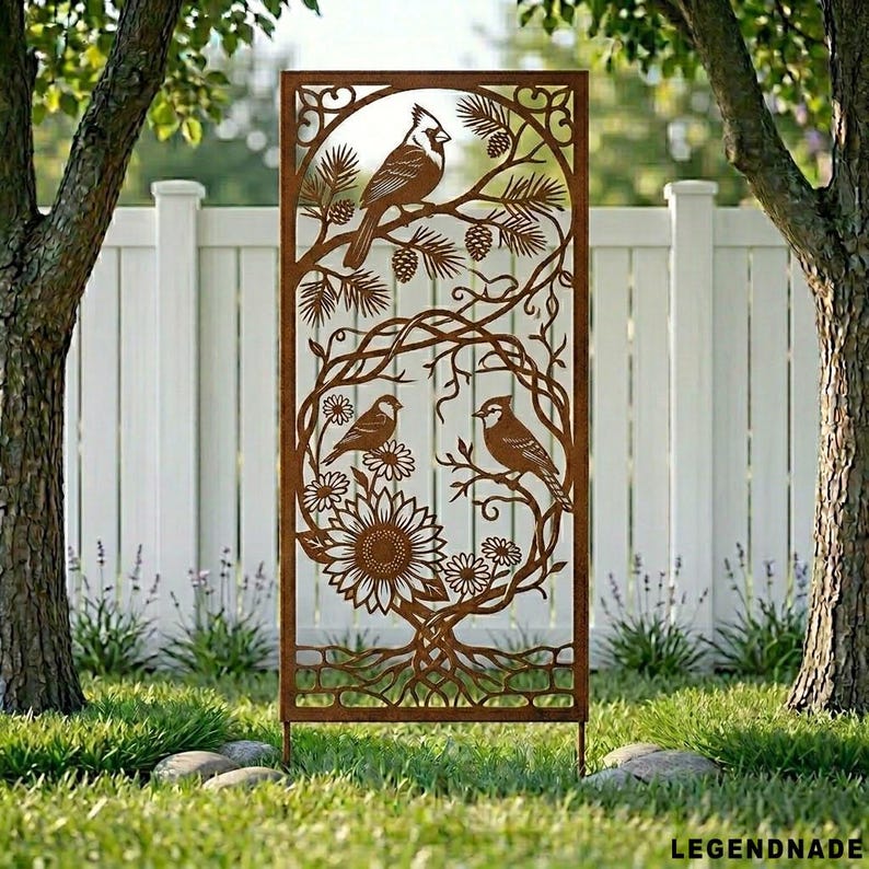Custom Cardinal Bird Metal Garden Panel, Winter Pine Backyard Decor ...