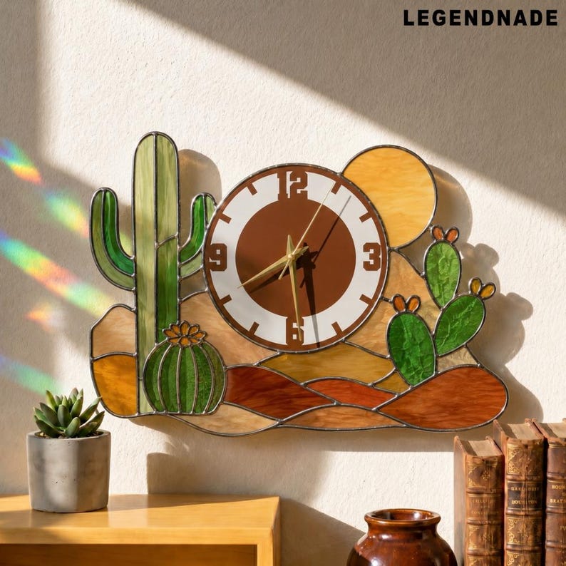 Desert Cactus Stained Glass Wall Clock, Boho Southwestern Decor, Plant ...