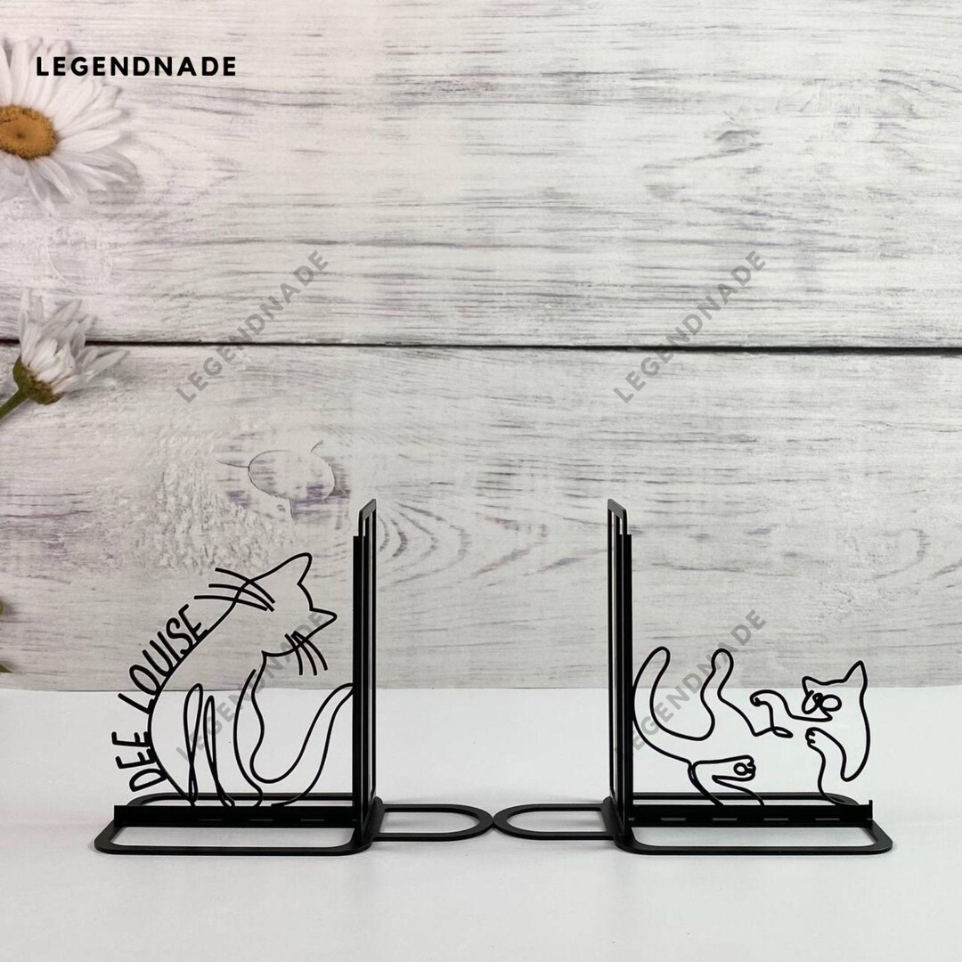 Personalized Cat Line Art Metal Bookend, Cat Bookends, Cute Cat ...