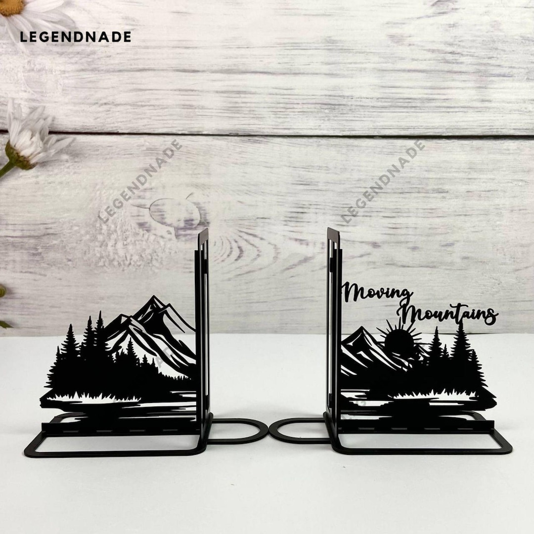 Personalized Mountain Metal Bookend, Forest Metal Bookends, Bookshelf ...