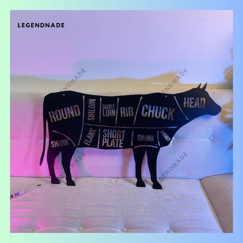 Personalized Cow Beef Cuts Metal Sign, Meat Butcher Metal Light ...