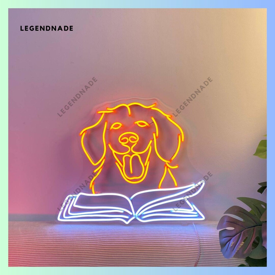 Labrador Dog Reading Book Neon Sign, Dog Read Book Led Sign, Dog ...