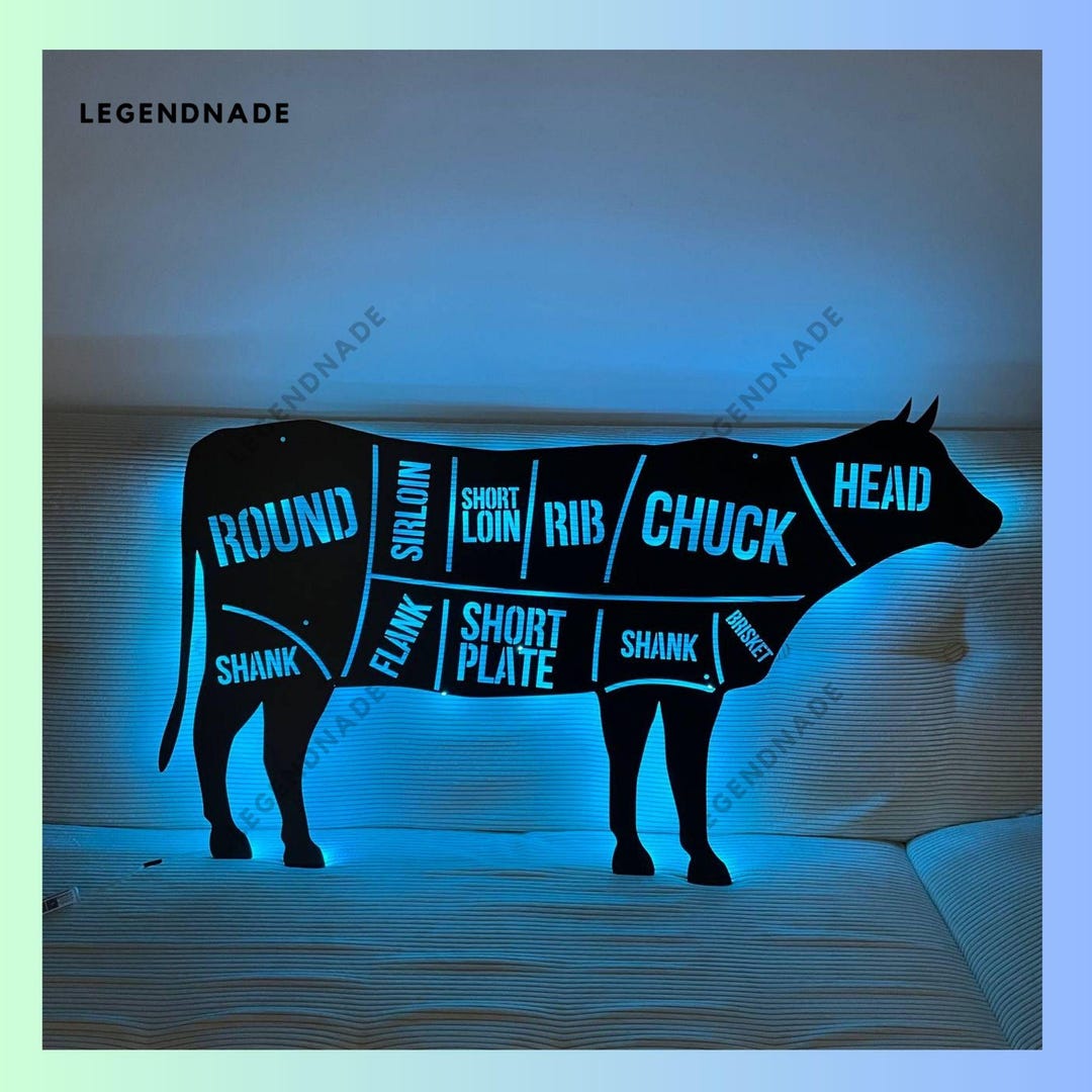 Personalized Cow Beef Cuts Metal Sign, Meat Butcher Metal Light ...