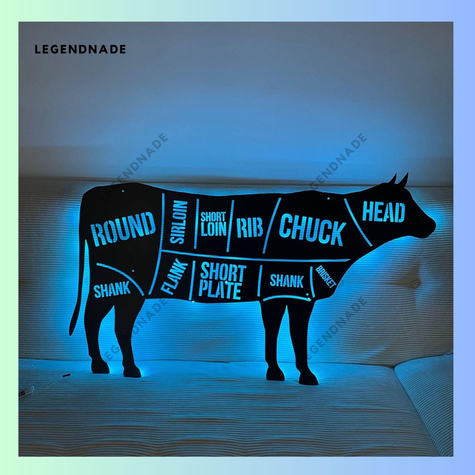 Personalized Cow Beef Cuts Metal Sign, Meat Butcher Metal Light ...