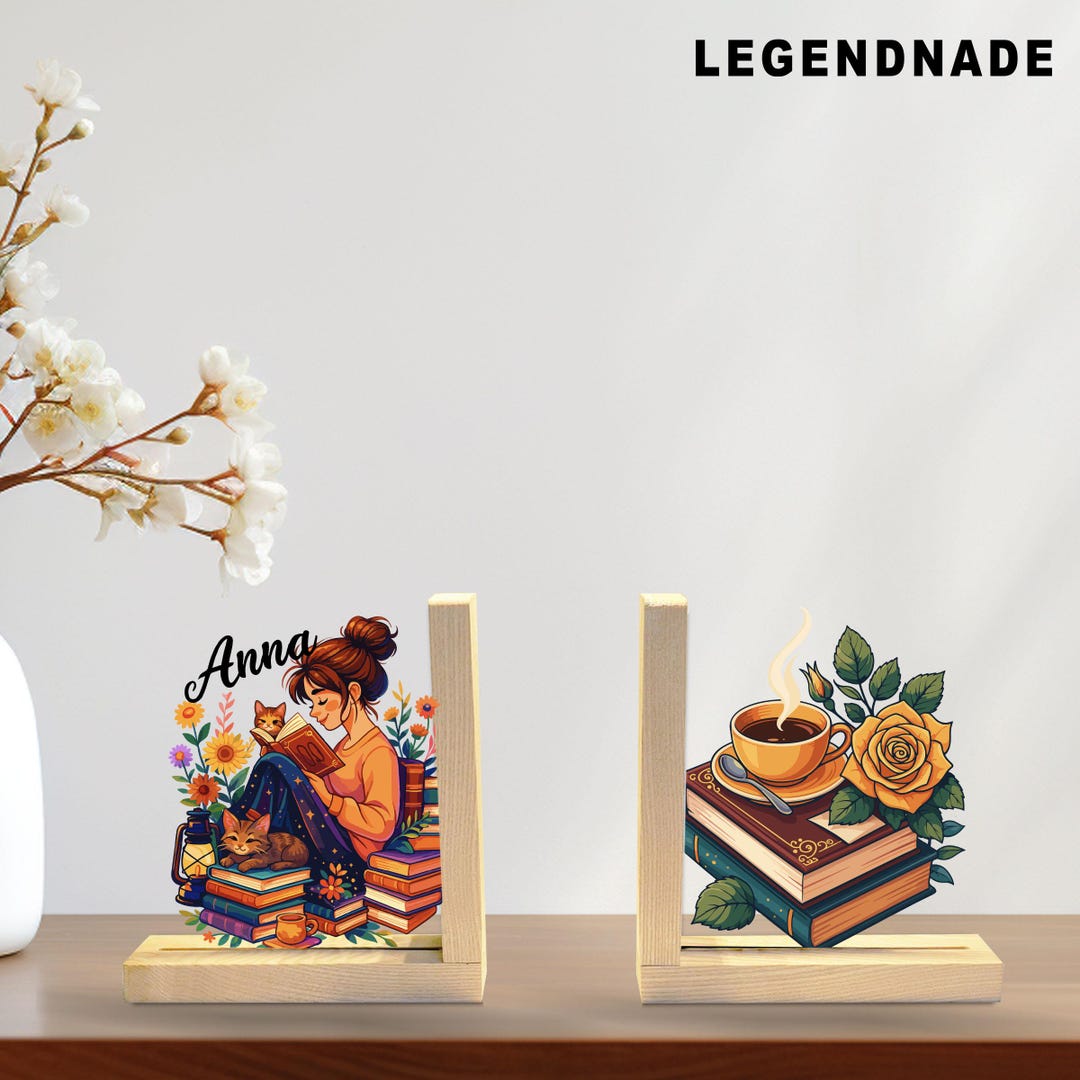 Personalized Girl Reading Bookends With Coffee Cup: Custom Name Book ...