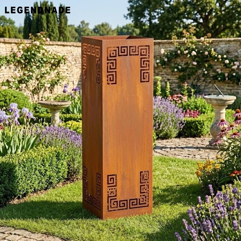 Greek Key Garden Column, Geometric Metal Pillar, Modern Outdoor Decor ...