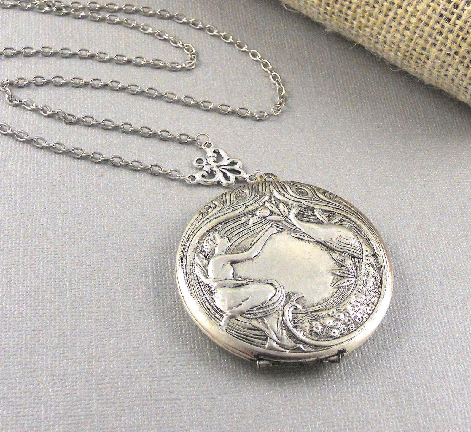 Round Peacock and Goddess Locket Silver Locket Etched - Etsy