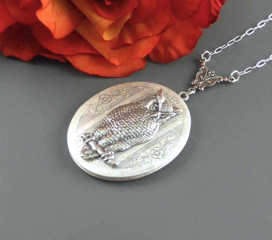 Large Oval Locket Necklace, Antique Silver Locket, Locket Pendant, Owl ...