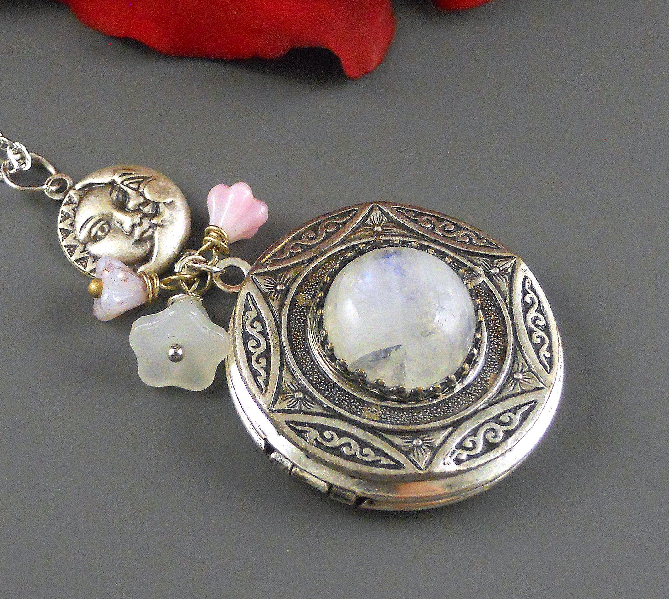 Moonstoneopallocketantique Silver Moon Locketsilver - Etsy