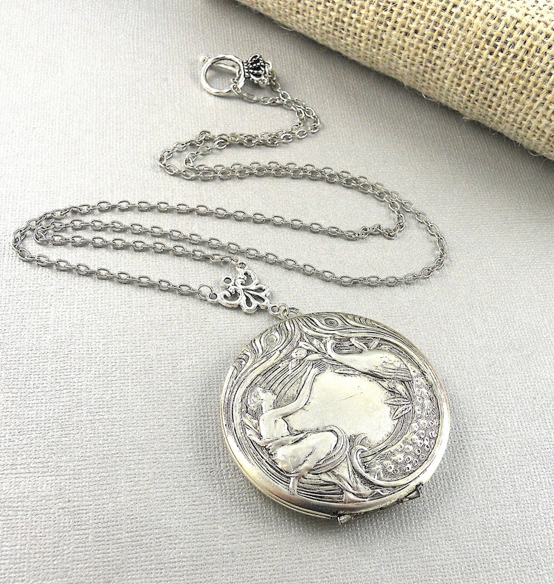 Round Peacock and Goddess Locket Silver Locket Etched - Etsy